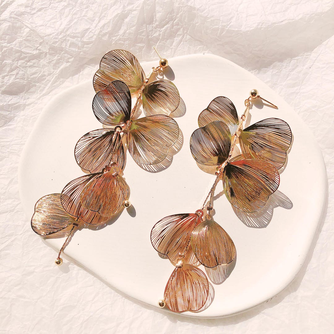 Exaggerated Long Gold Flower Earrings Necklace/cascading Flower ...