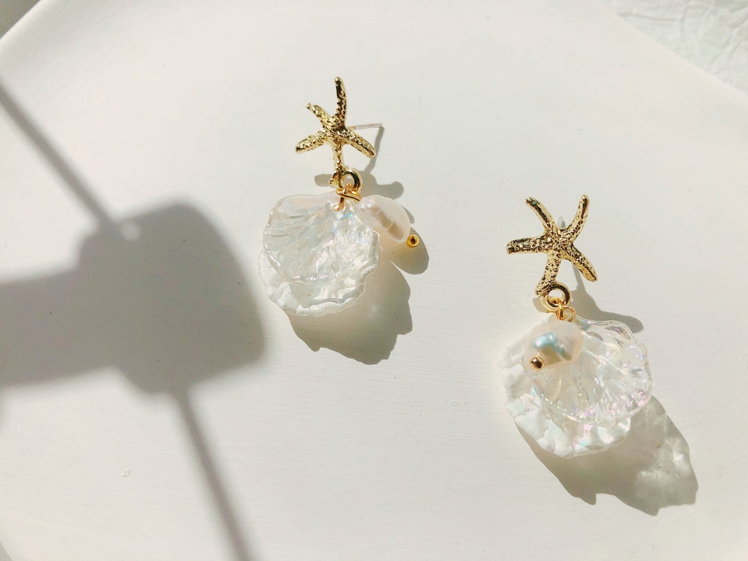Gold Starfish & Seashell Pearl Earrings/autumn Wedding Jewelry, Mermaid Bride Dangle ...