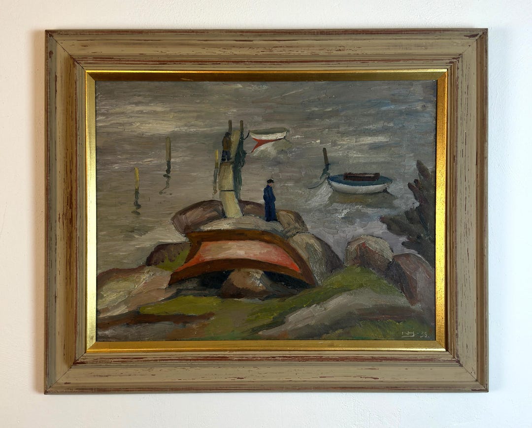 Expressionist, Fishermen by the Boats on the Coast, Oil Painting by ...