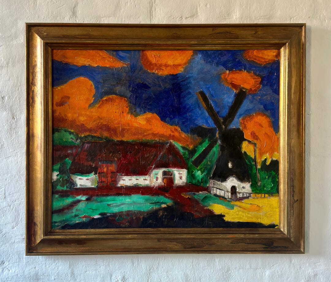 Large Expressionist Landscape With Farm and Windmill Under an ...