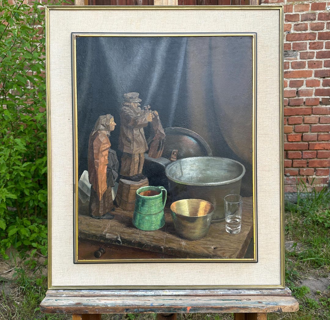 Fine Still Life With Wooden Figures, Cups, Pots and Glasses, Sweden ...