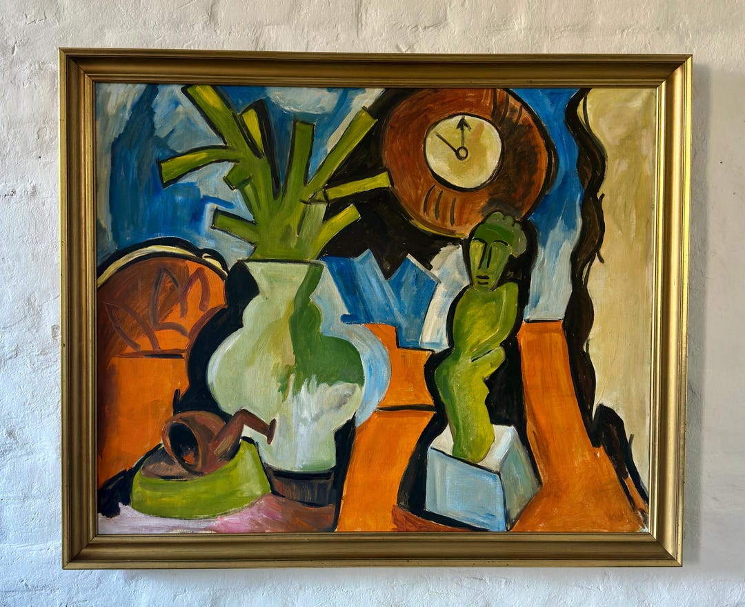 Large Expressionist Still Life With Sculpture and Clock, Oil Painting ...