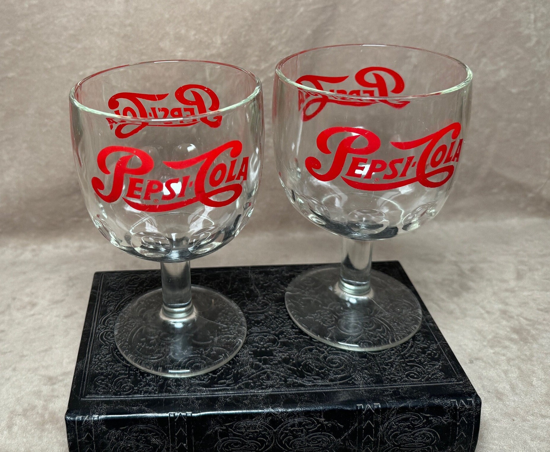 Vintage 1970s Pepsi Cola Pepsi Glass Goblets 6 Pedestal Red Script Logo ...