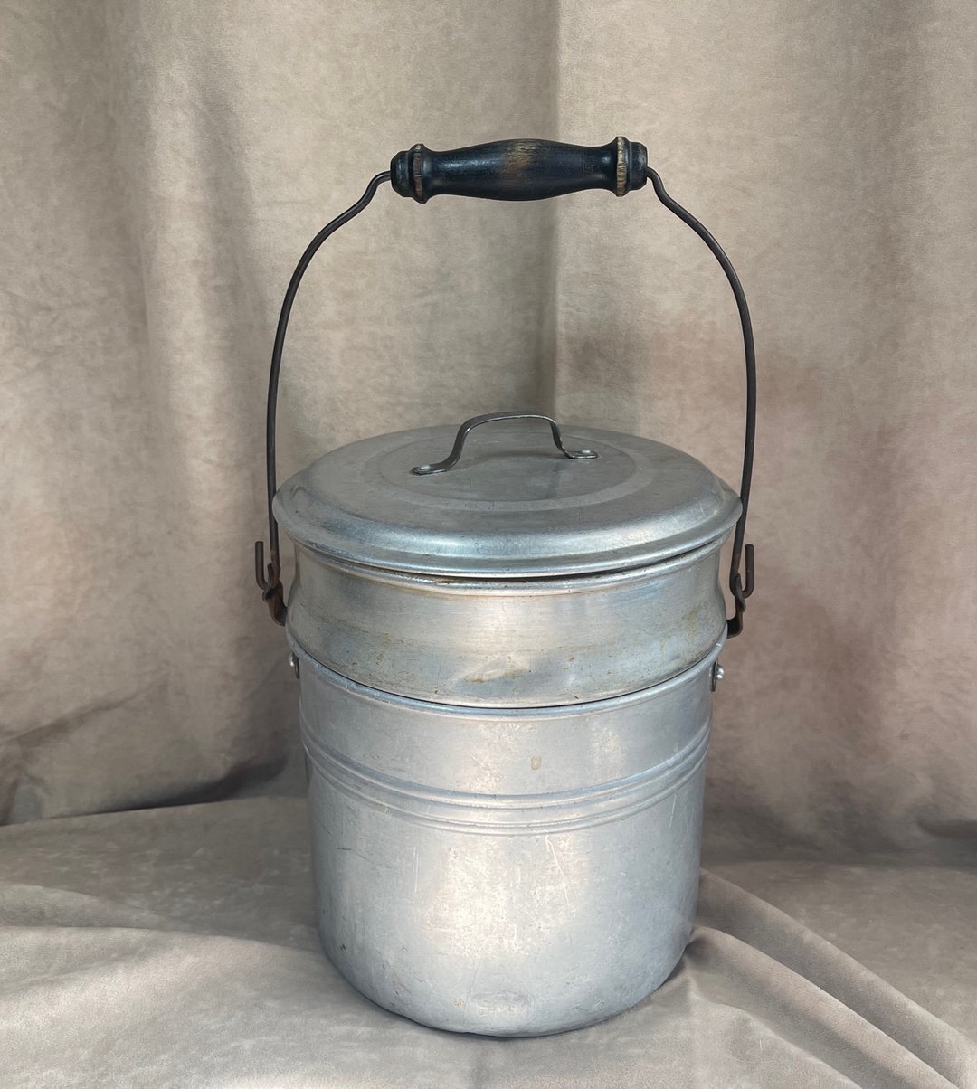 Vintage 1950s Aluminum Medium Double Boiler (?)/pots With Wood Swing ...