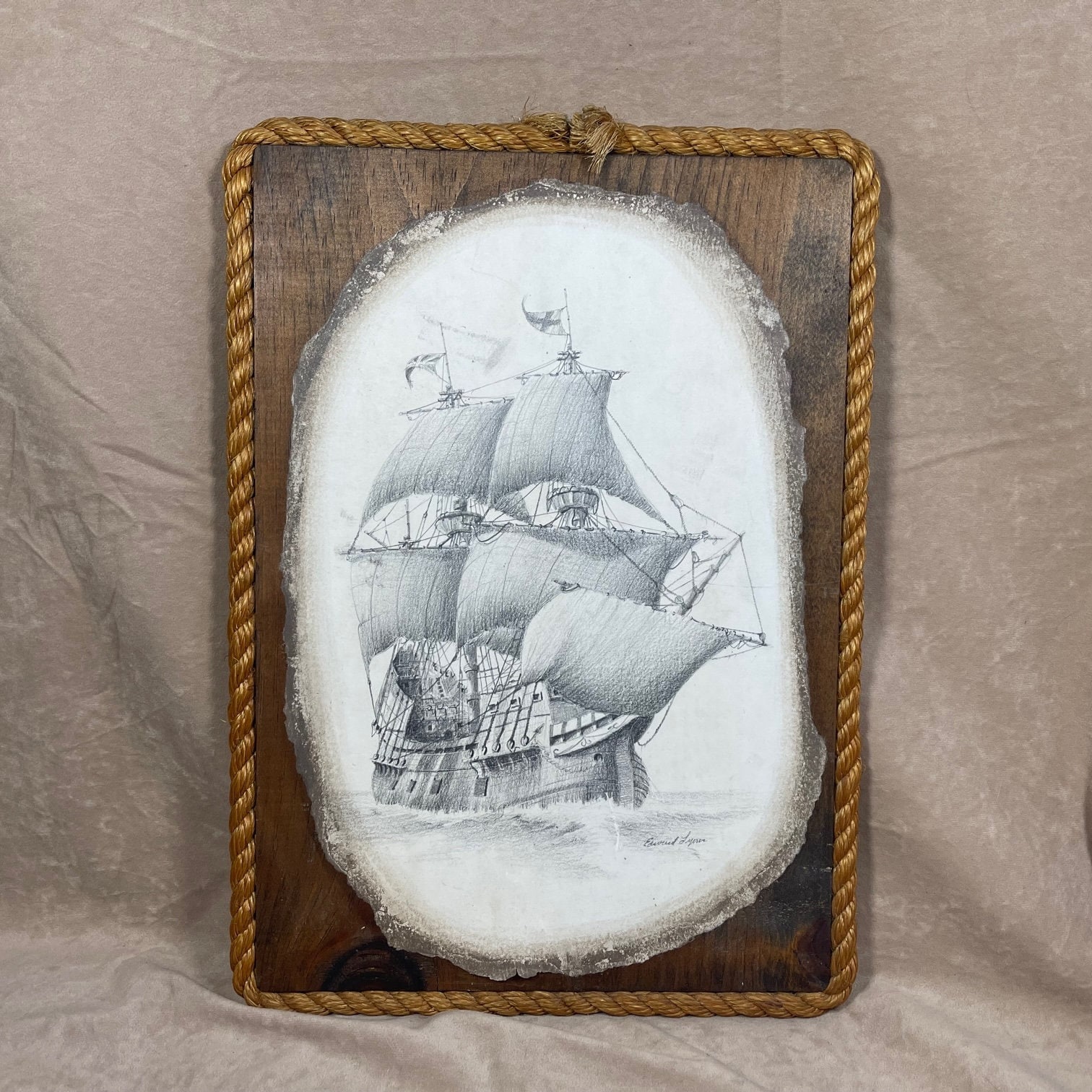 Vintage Original Mayflower 1620 Art Drawing on Wood With Rope Frame - Etsy