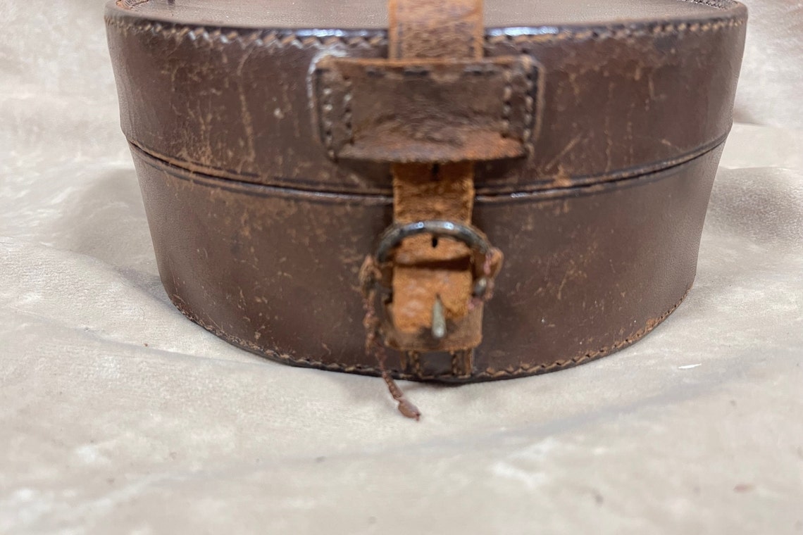 Vintage 1940s Antique Small Round Leather Mens Collar Box With Buckle ...