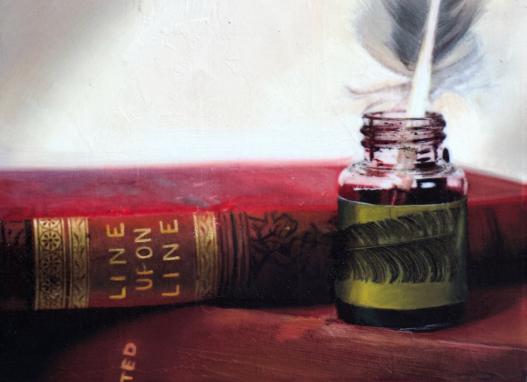 Oil Painting of Ink and Quill Pen, Books on Wood Panel, Original ...