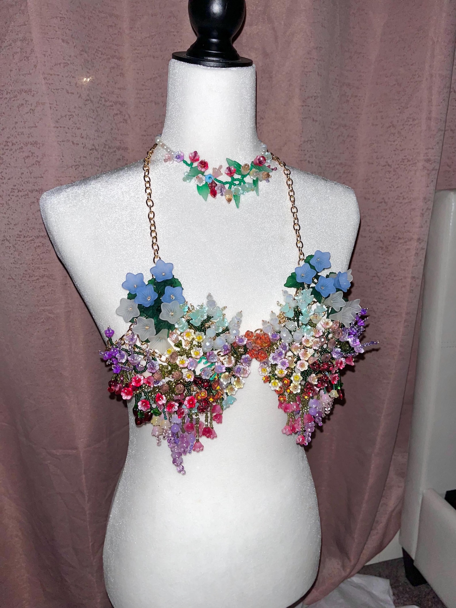 Spring Flower Beaded Bralette, Flower Bouquet Themed, Body Jewelry Set ...