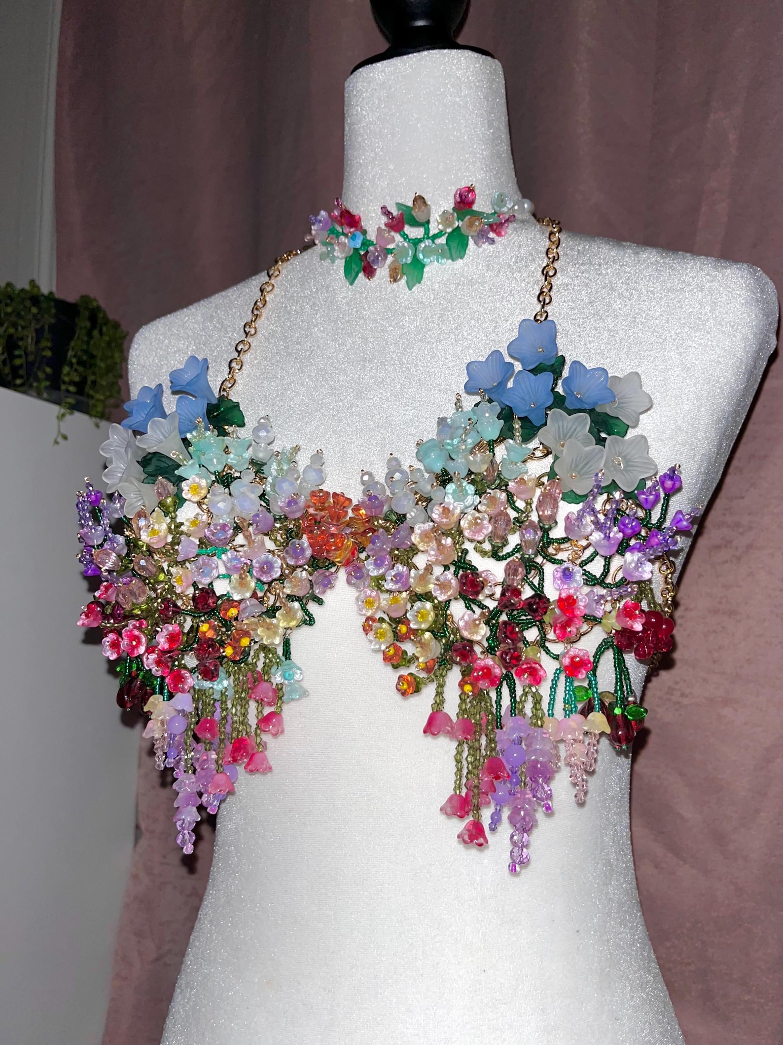 Spring Flower Beaded Bralette, Flower Bouquet Themed, Body Jewelry Set ...