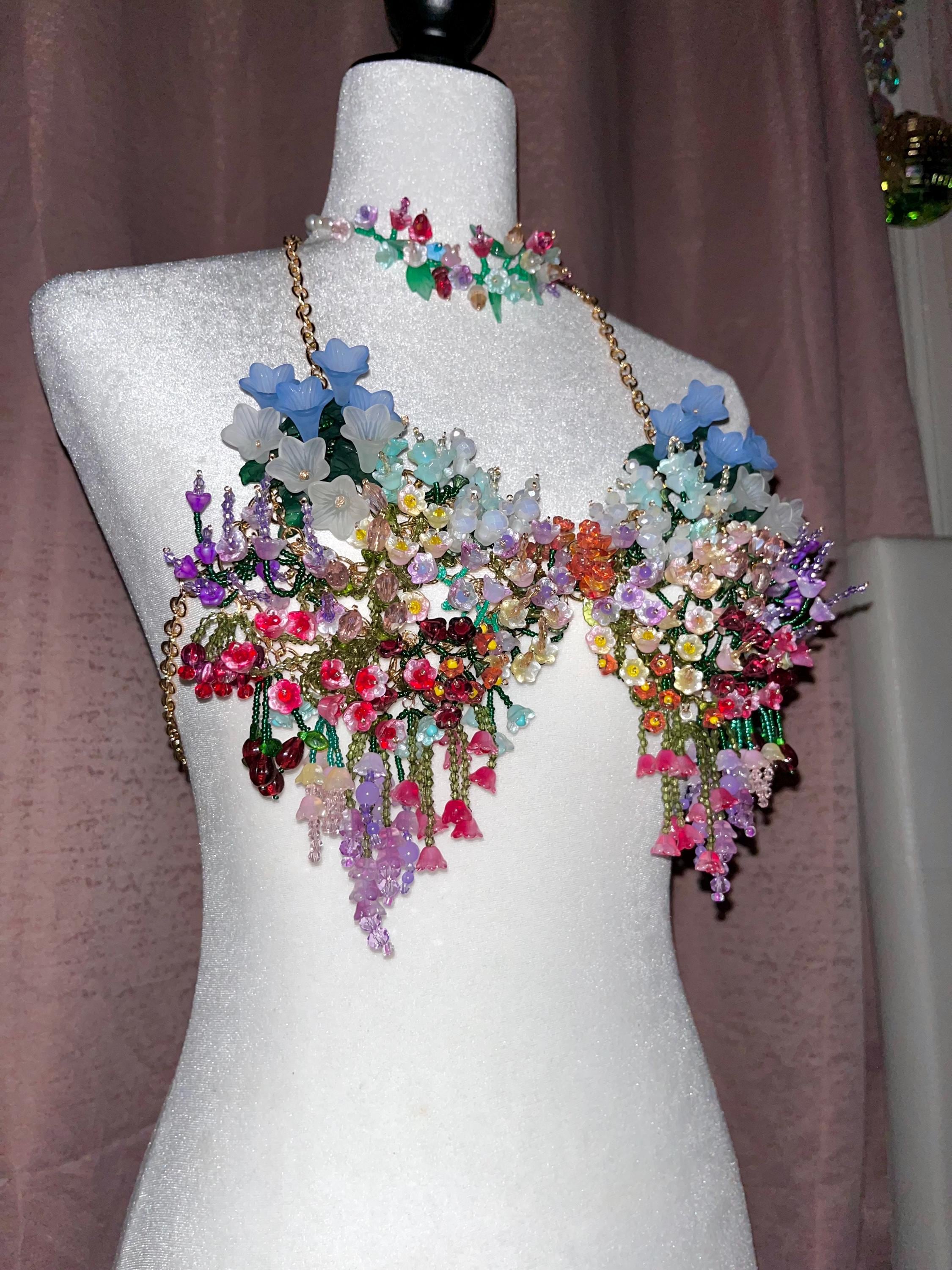 Spring Flower Beaded Bralette, Flower Bouquet Themed, Body Jewelry Set ...