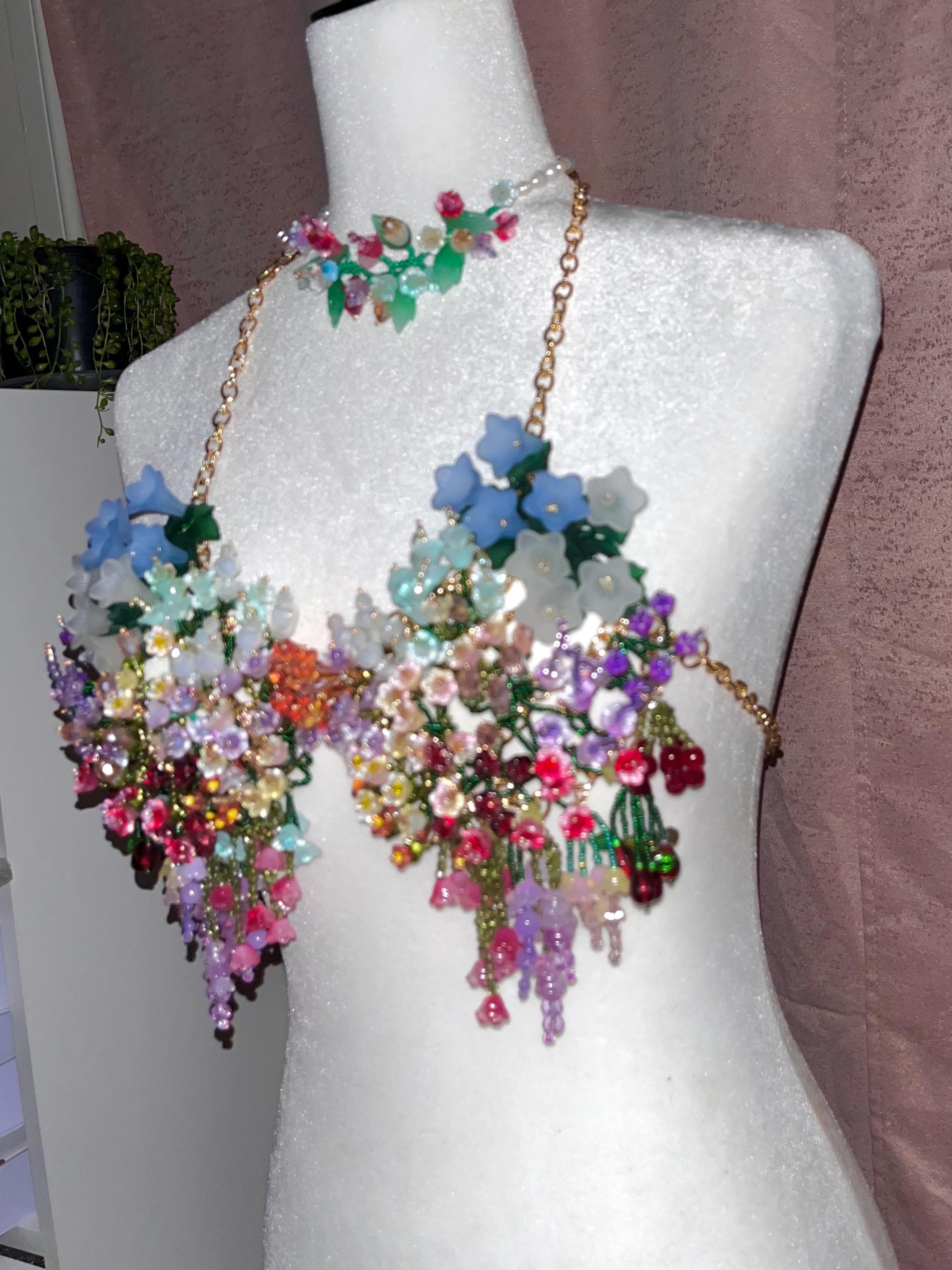 Spring Flower Beaded Bralette, Flower Bouquet Themed, Body Jewelry Set ...