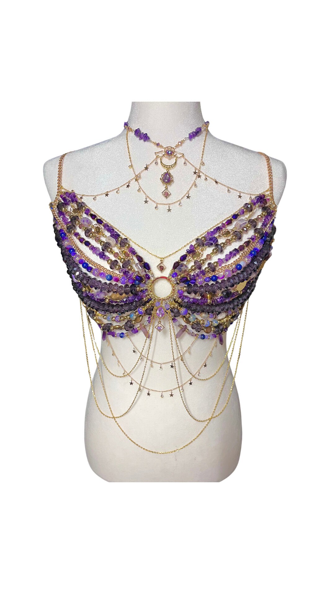 Amethyst Beaded Bralette, Amethyst and Gold Themed, Body Jewelry ...