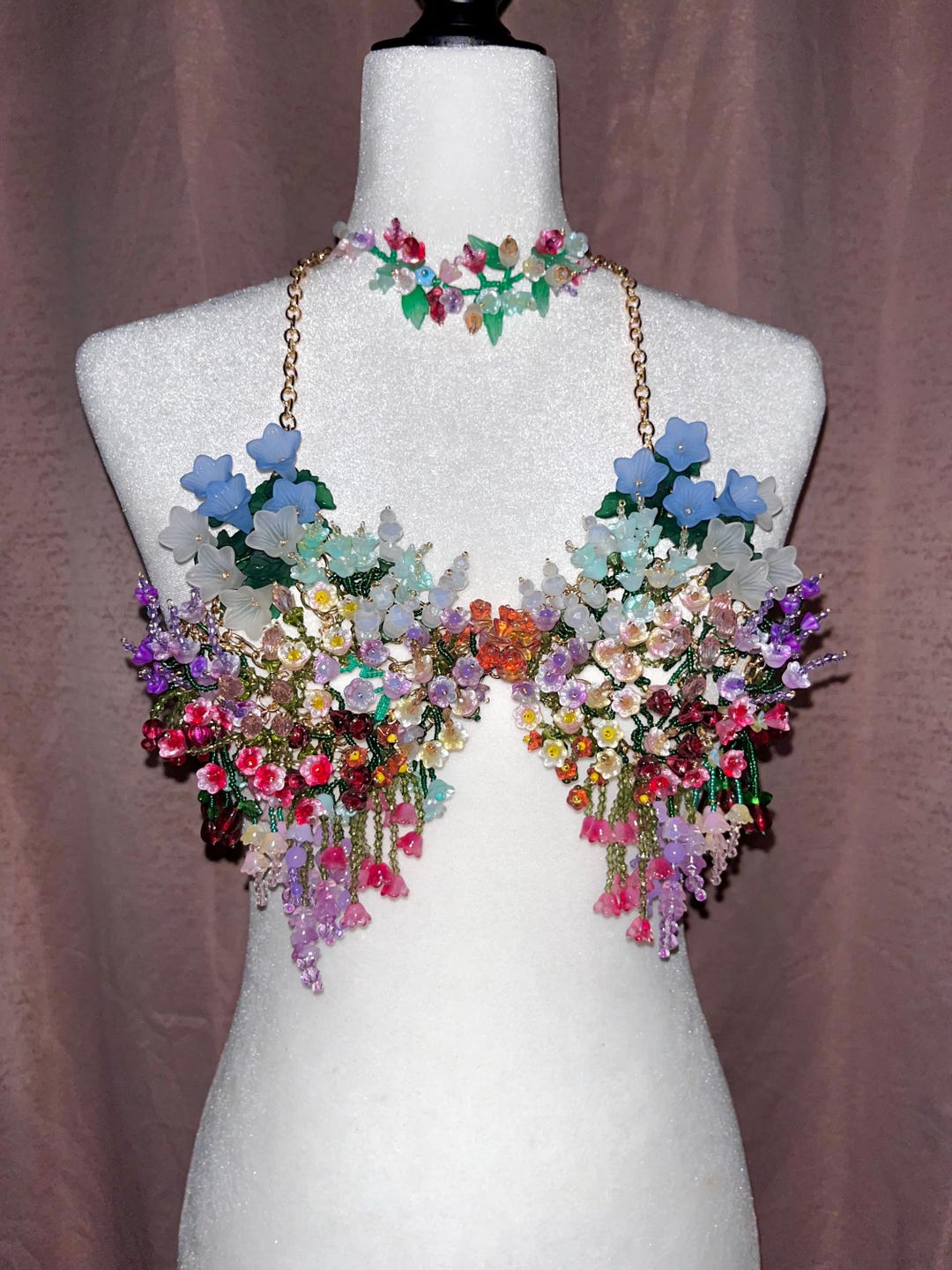 Spring Flower Beaded Bralette, Flower Bouquet Themed, Body Jewelry Set ...