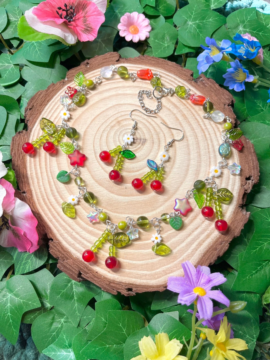 Cherry Jewelry Set, Fairy Core, Grunge, Cluster Necklace, Cherry ...