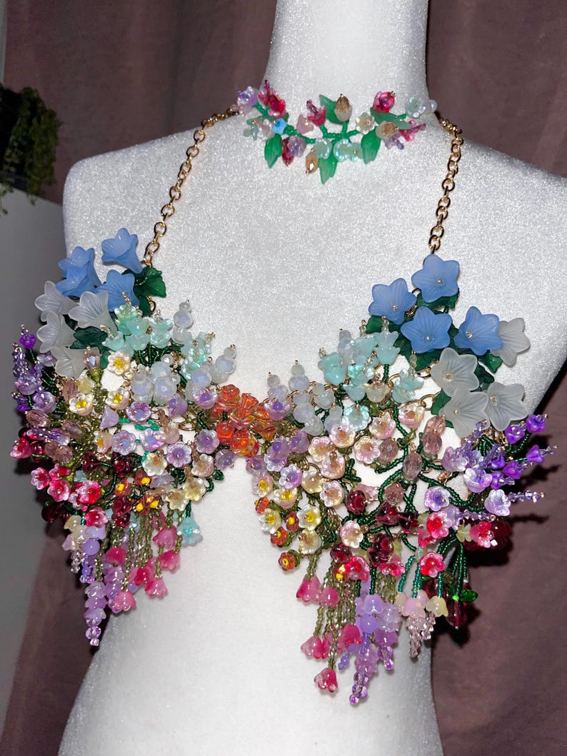Spring Flower Beaded Bralette, Flower Bouquet Themed, Body Jewelry Set ...