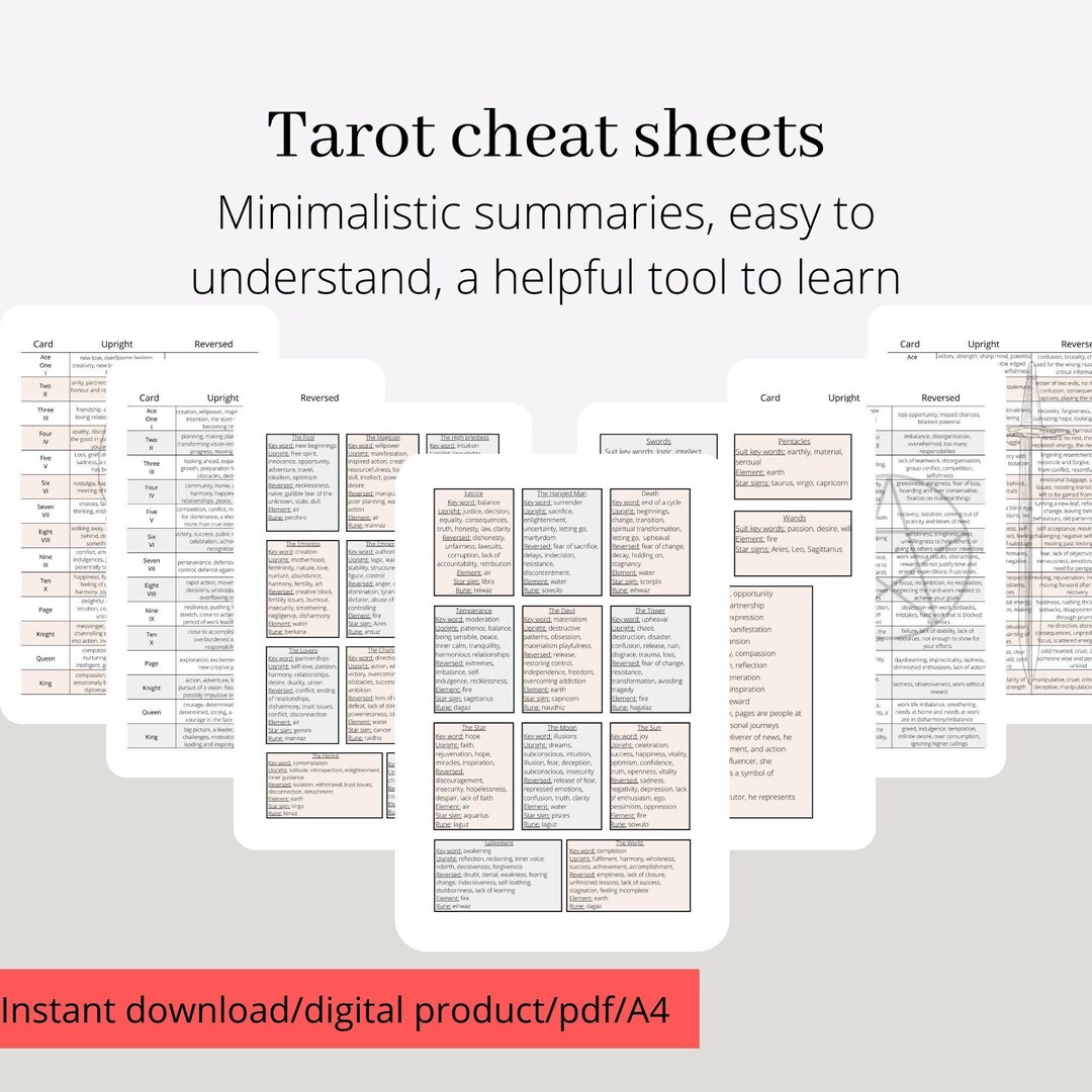 Tarot Cheat Sheets, Minimal, Guide for Beginners, Simple Guide ...