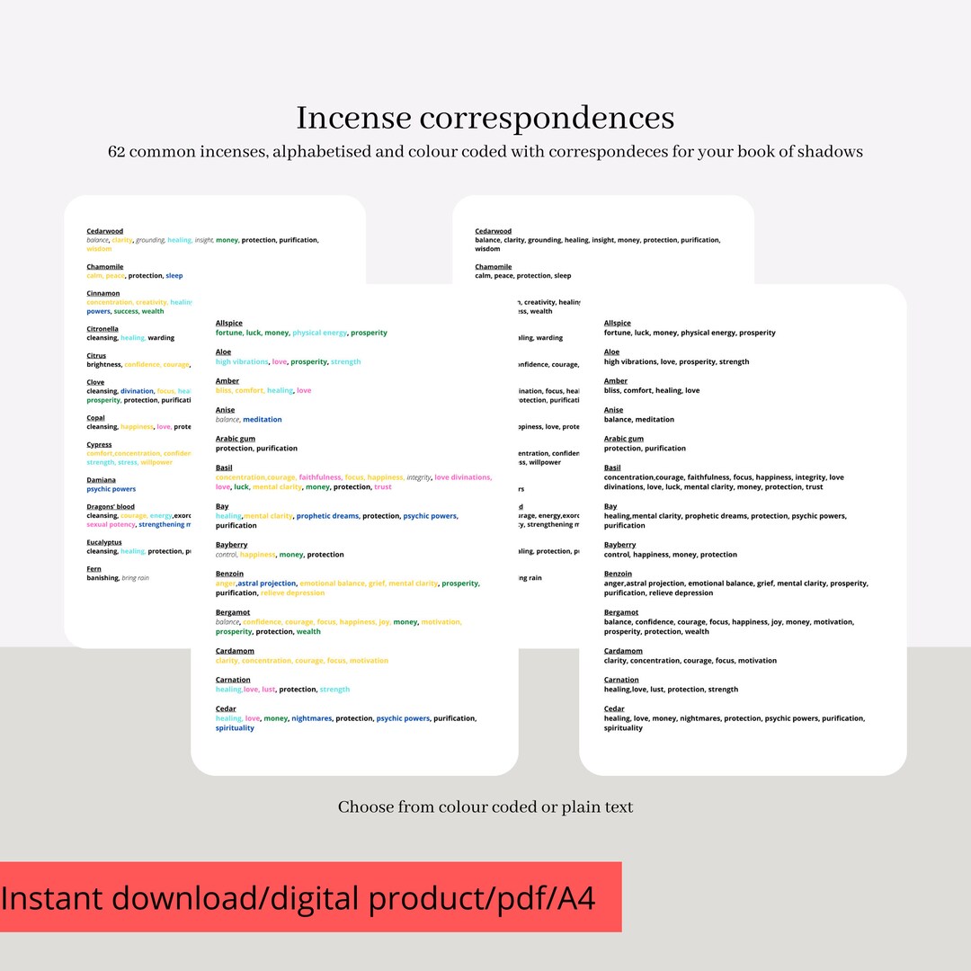 62 Common Incense Correspondences, Color Coded Correspondences ...