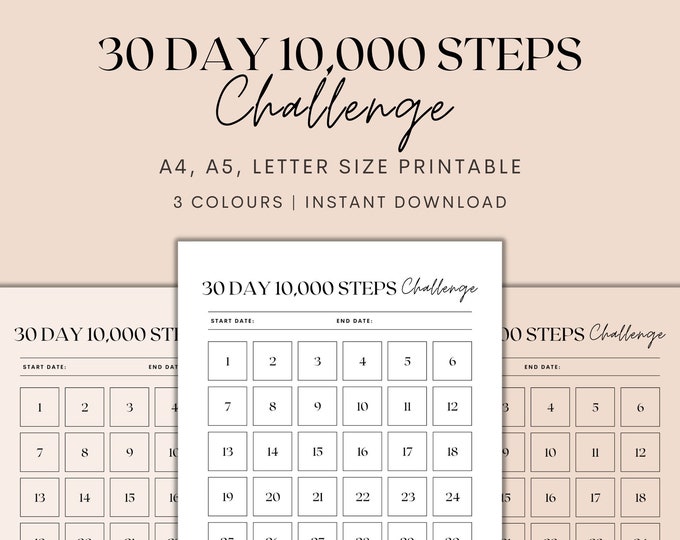 30 Day 10000 Steps Challenge Printable, 30 Day Challenge, Steps Tracker ...