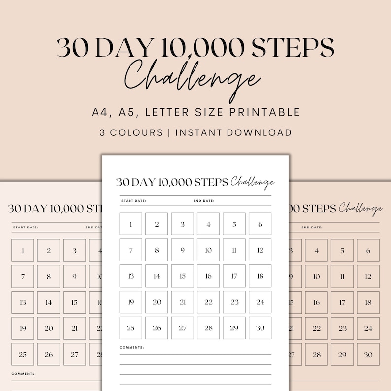30 Day 10000 Steps Challenge Printable, 30 Day Challenge, Steps Tracker ...