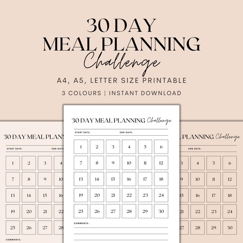 30 Day Meal Planning Challenge Printable, 30 Day Challenge Tracker ...