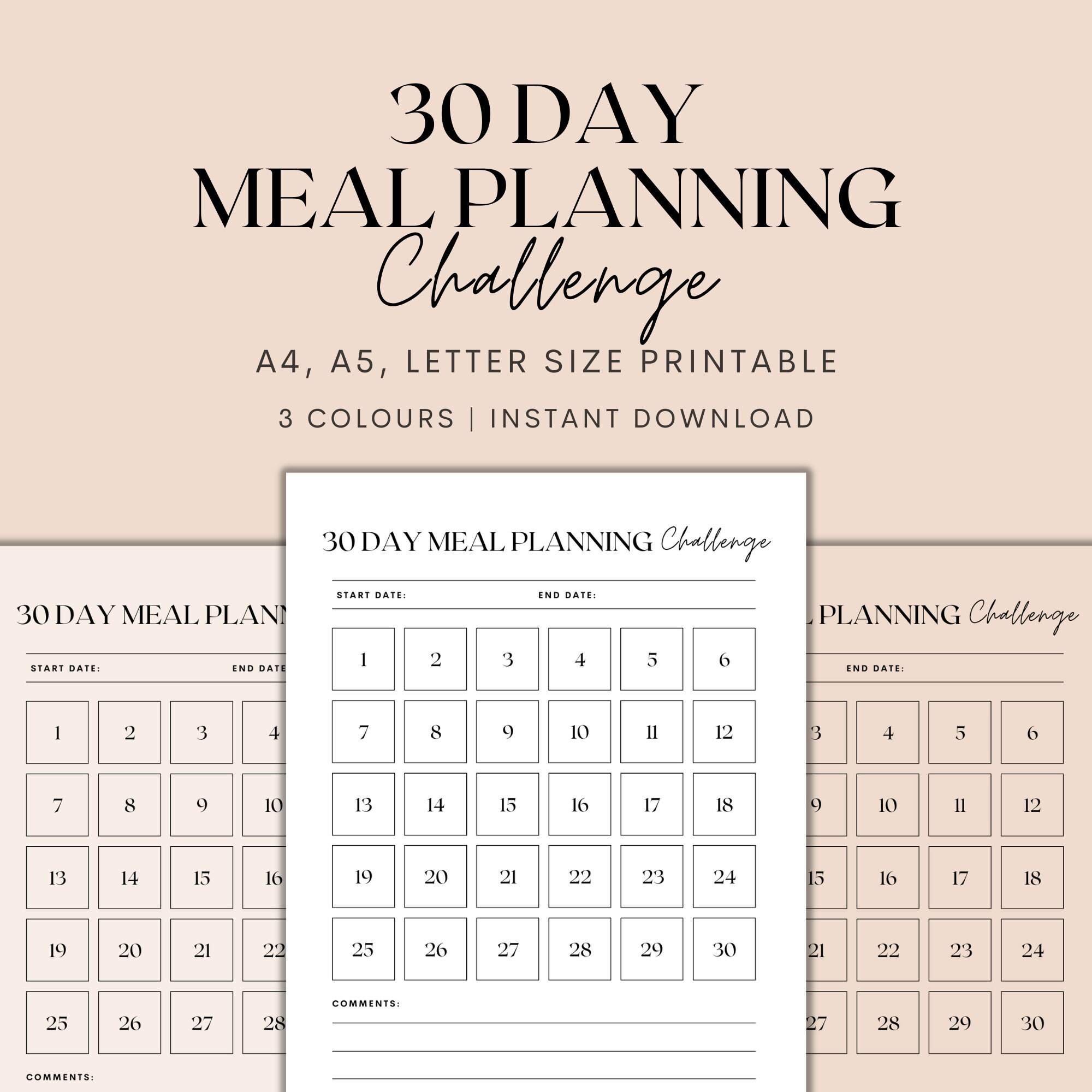 30 Day Meal Planning Challenge Printable, 30 Day Challenge Tracker ...