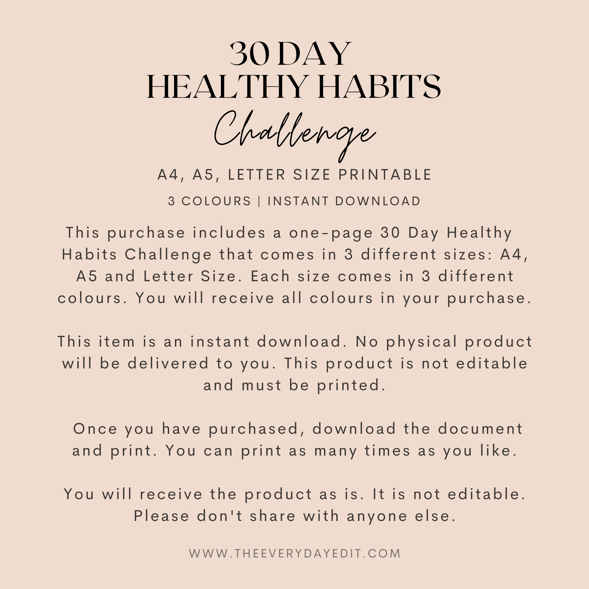 30 Day Healthy Habits Challenge Printable, 30 Day Challenge, Health ...