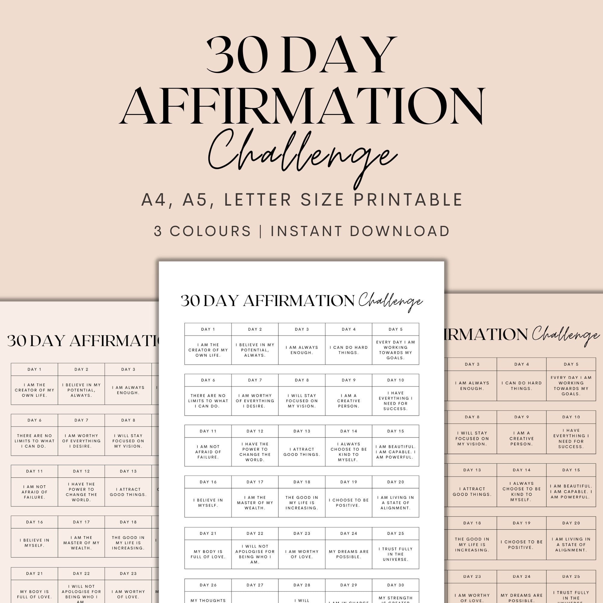 30 Day Affirmation Challenge Printable, 30 Day Challenge, Daily ...