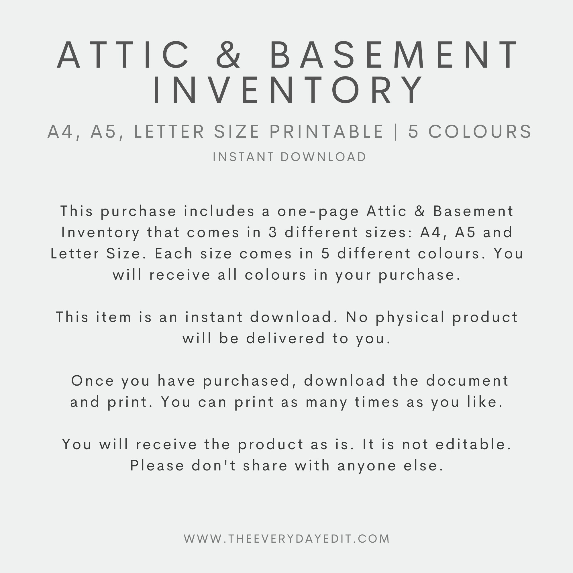 Attic Inventory Printable, Basement Inventory Printable, Household ...