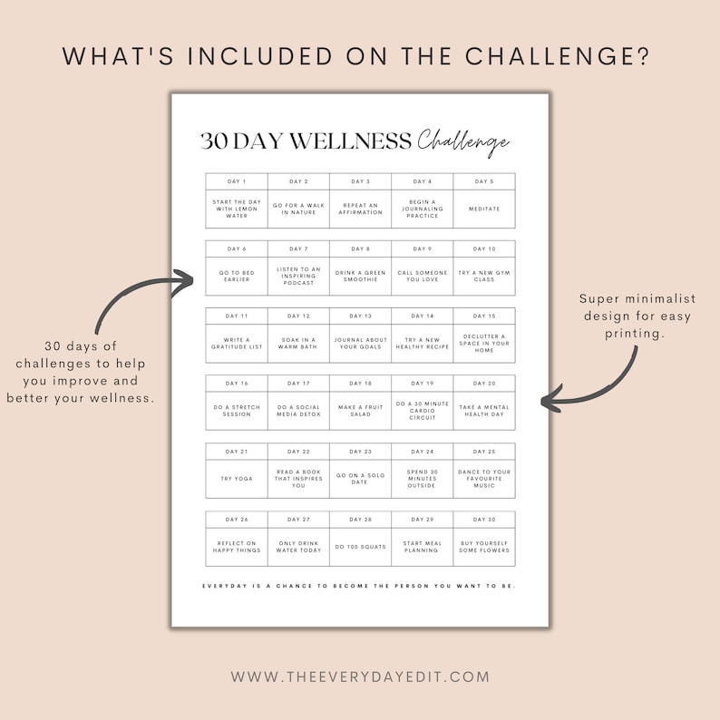 30 Day Wellness Challenge Printable, 30 Day Challenge, 30 Day Tracker ...