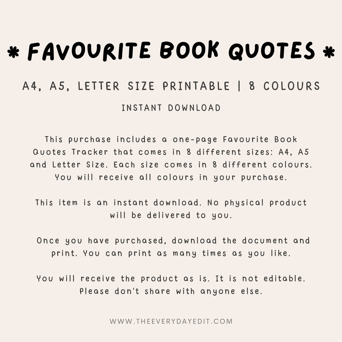 Favourite Book Quotes Tracker Printable, Book Journal, Reading Journal ...