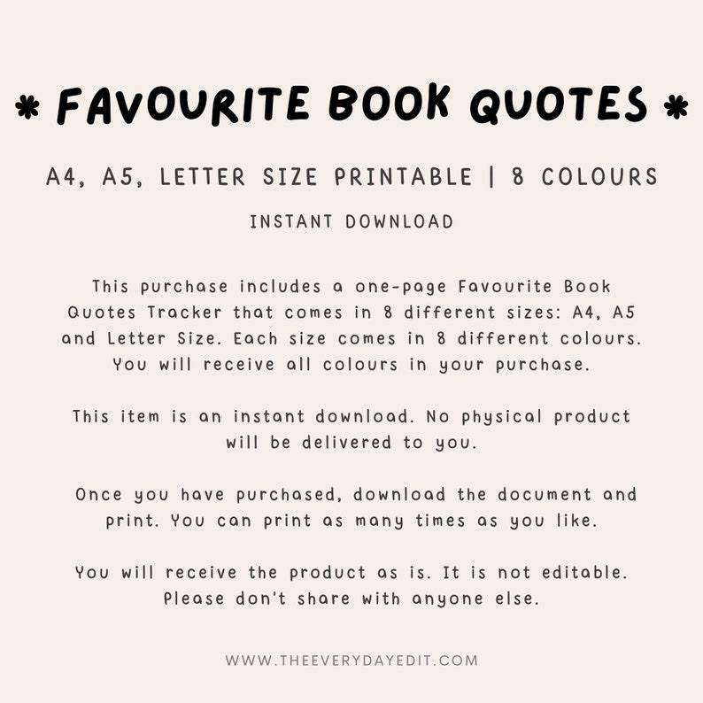 Favourite Book Quotes Tracker Printable, Book Journal, Reading Journal ...