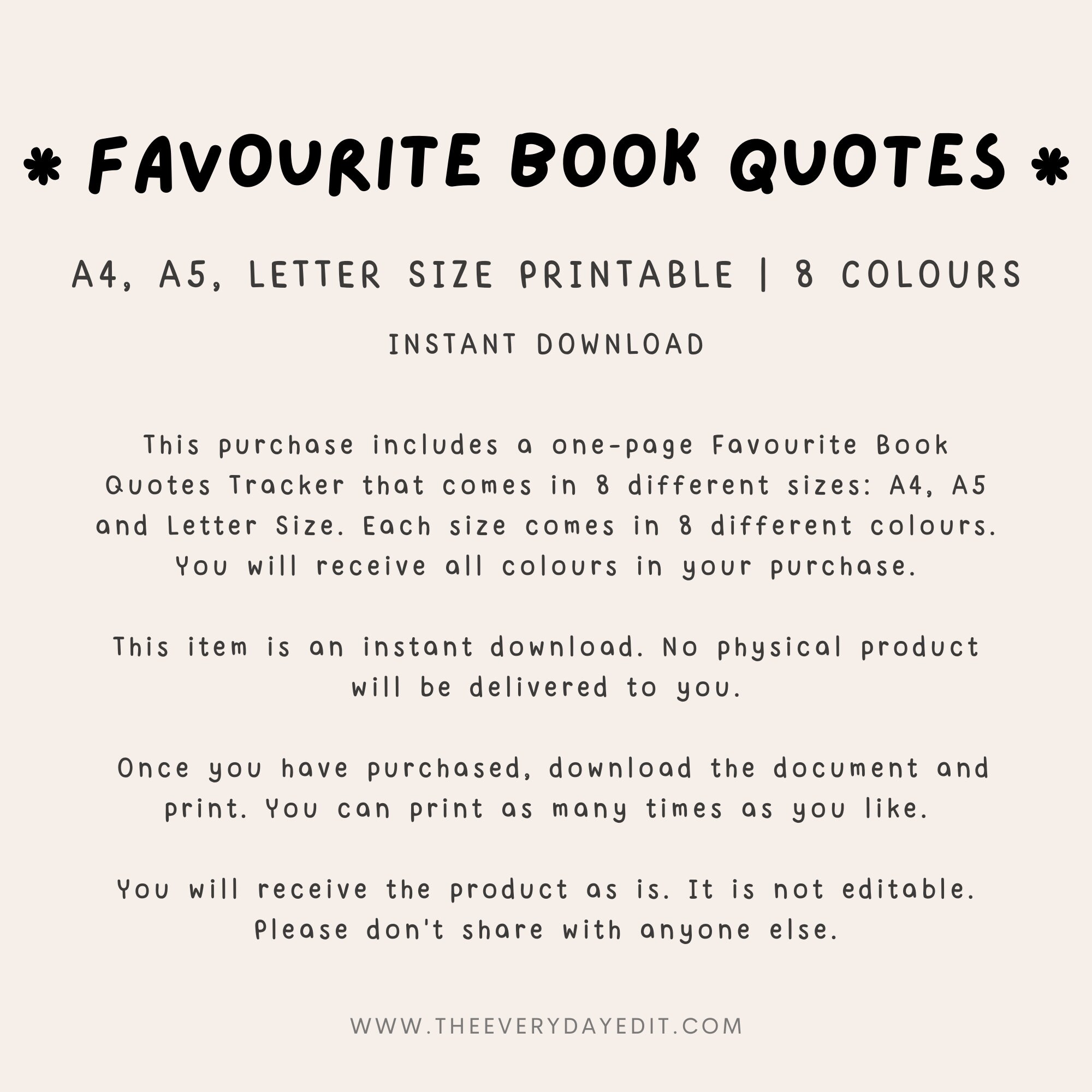 Favourite Book Quotes Tracker Printable, Book Journal, Reading Journal ...