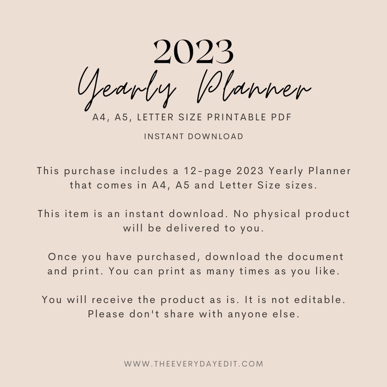 Minimalist 2023 Yearly Planner Printable Yearly Calendar - Etsy Australia