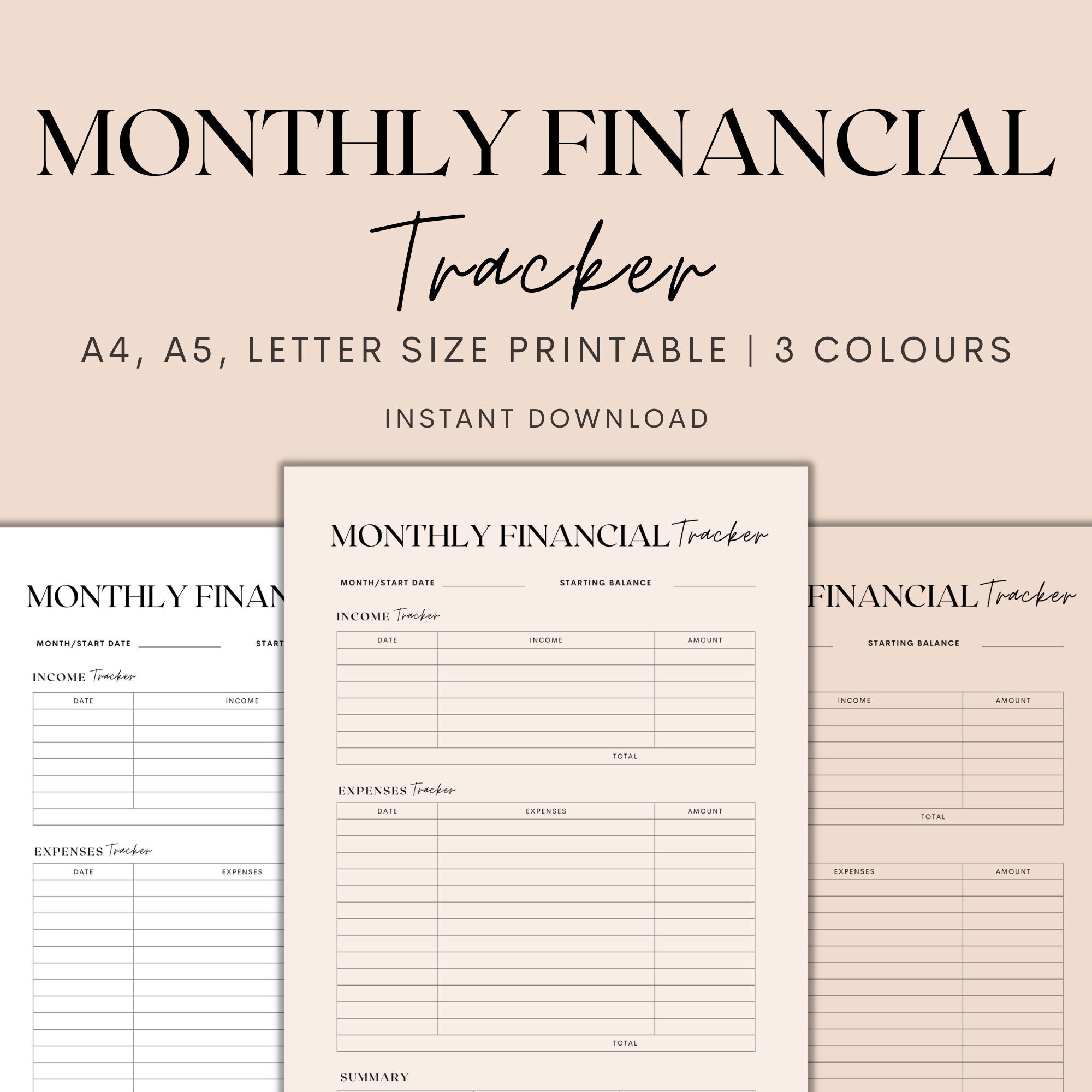 Monthly Financial Tracker Printable, Monthly Expense Tracker, Money ...