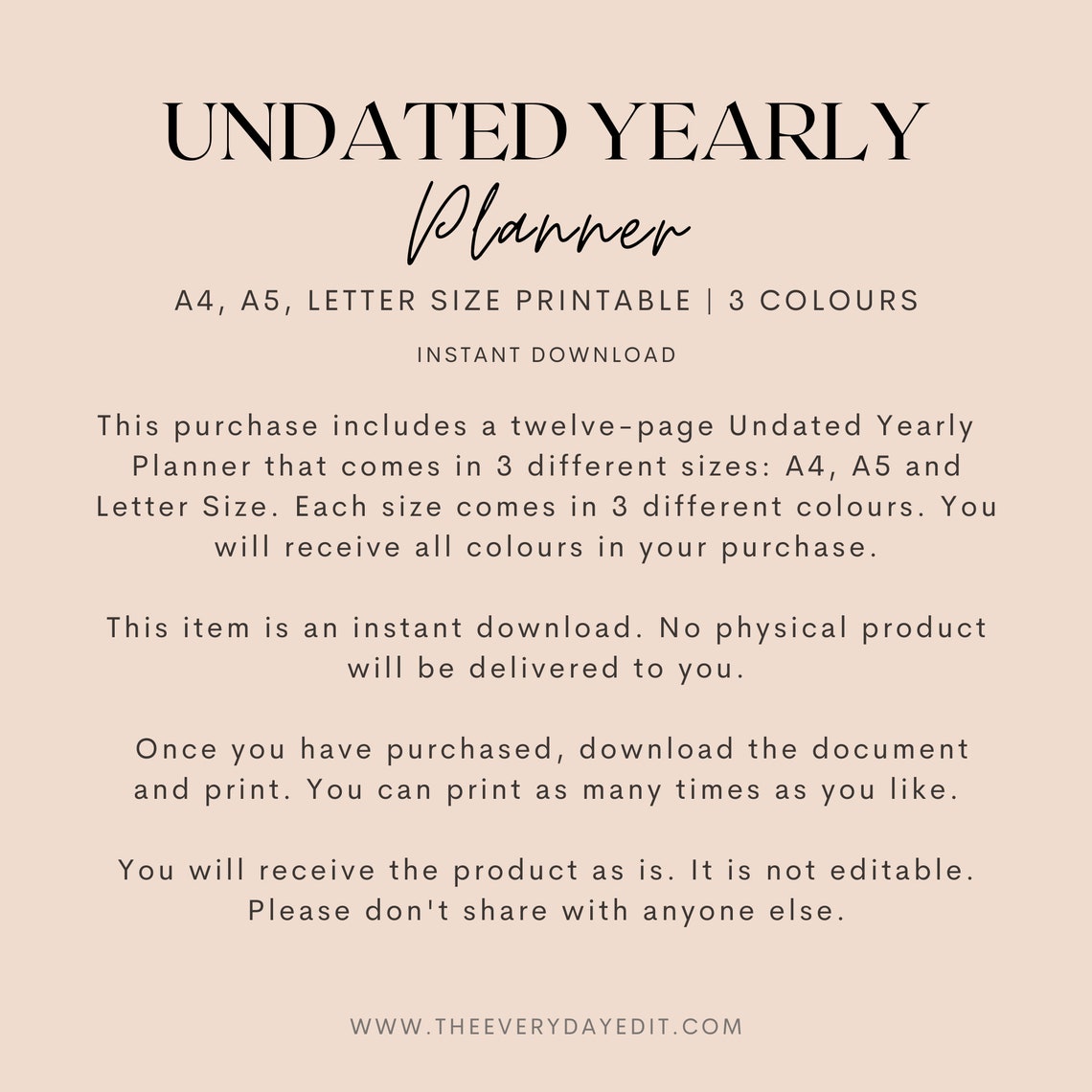 Undated Yearly Planner Printable, 12 Month Undated Planner Inserts ...