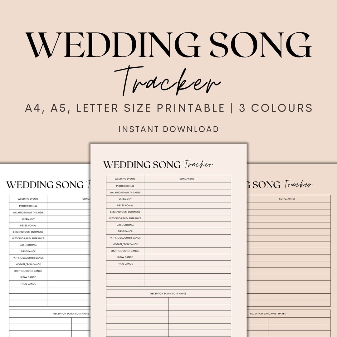 Wedding Song Tracker Printable, Wedding Playlist, Wedding Planner ...