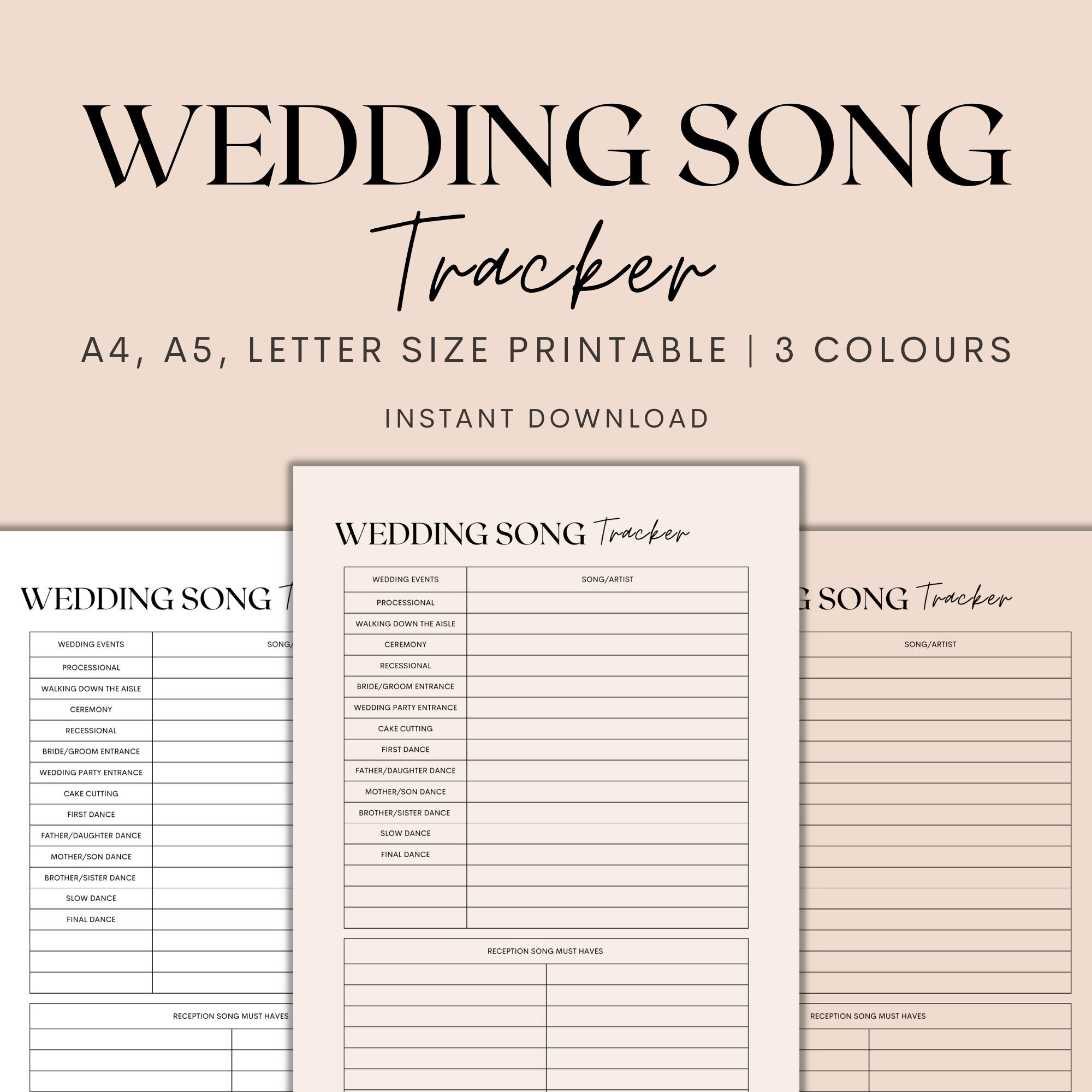 Wedding Song Tracker Printable, Wedding Playlist, Wedding Planner ...