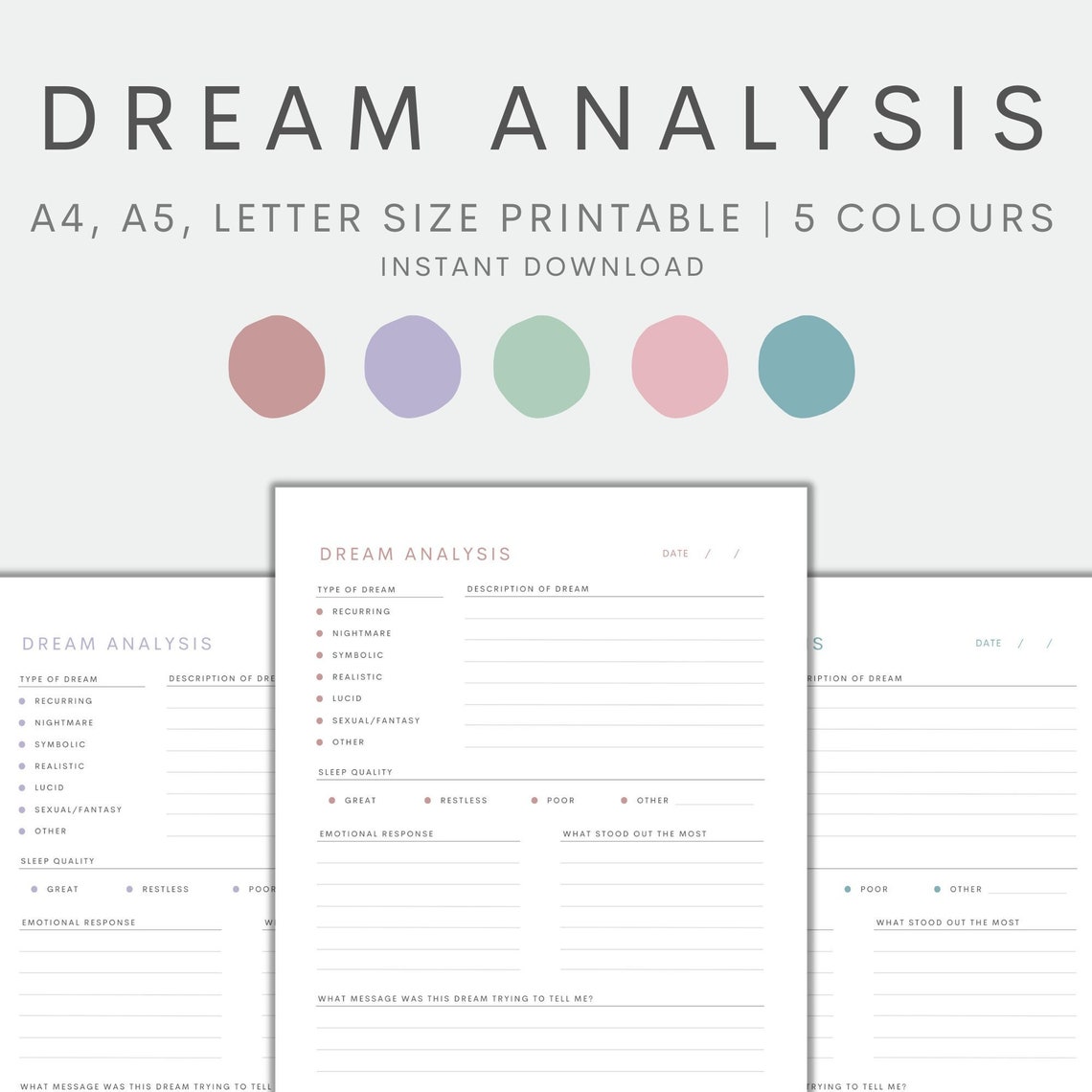 Dream Analysis Printable, Dream Journal, Dream Interpretation, Dream ...