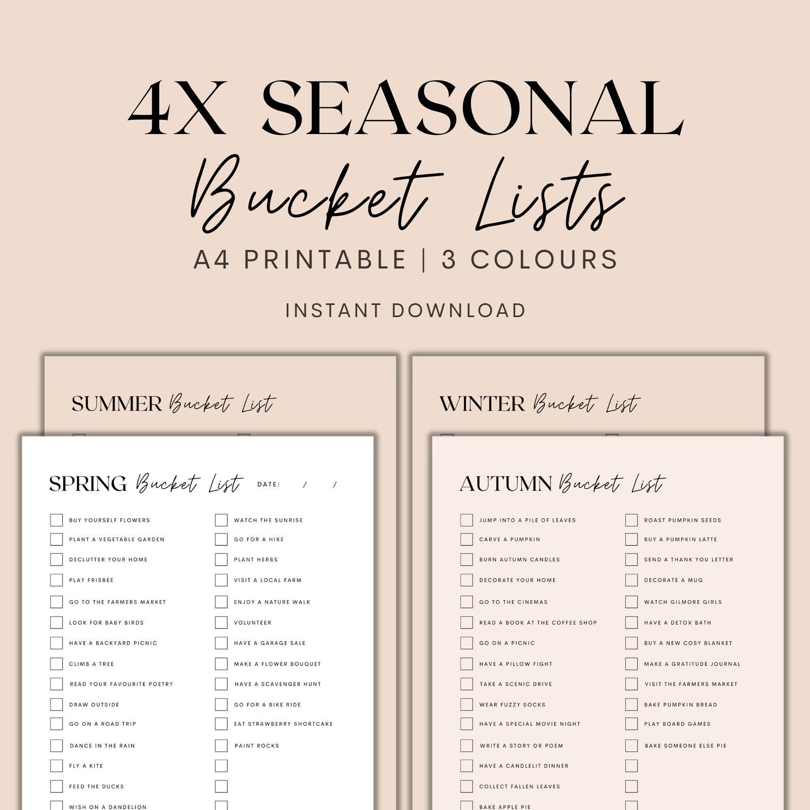 Seasonal Bucket List Printable, Spring Bucket List, Summer Bucket List ...