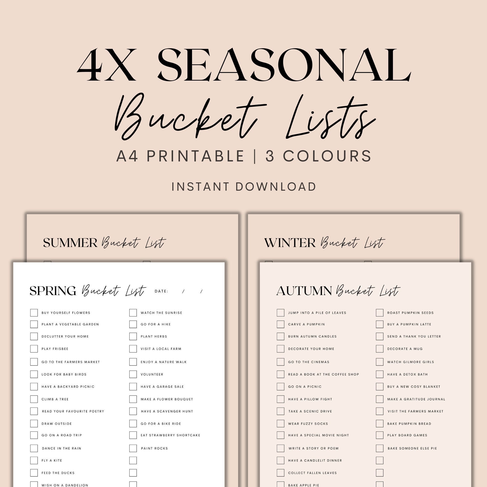 Seasonal Bucket List Printable, Spring Bucket List, Summer Bucket List ...