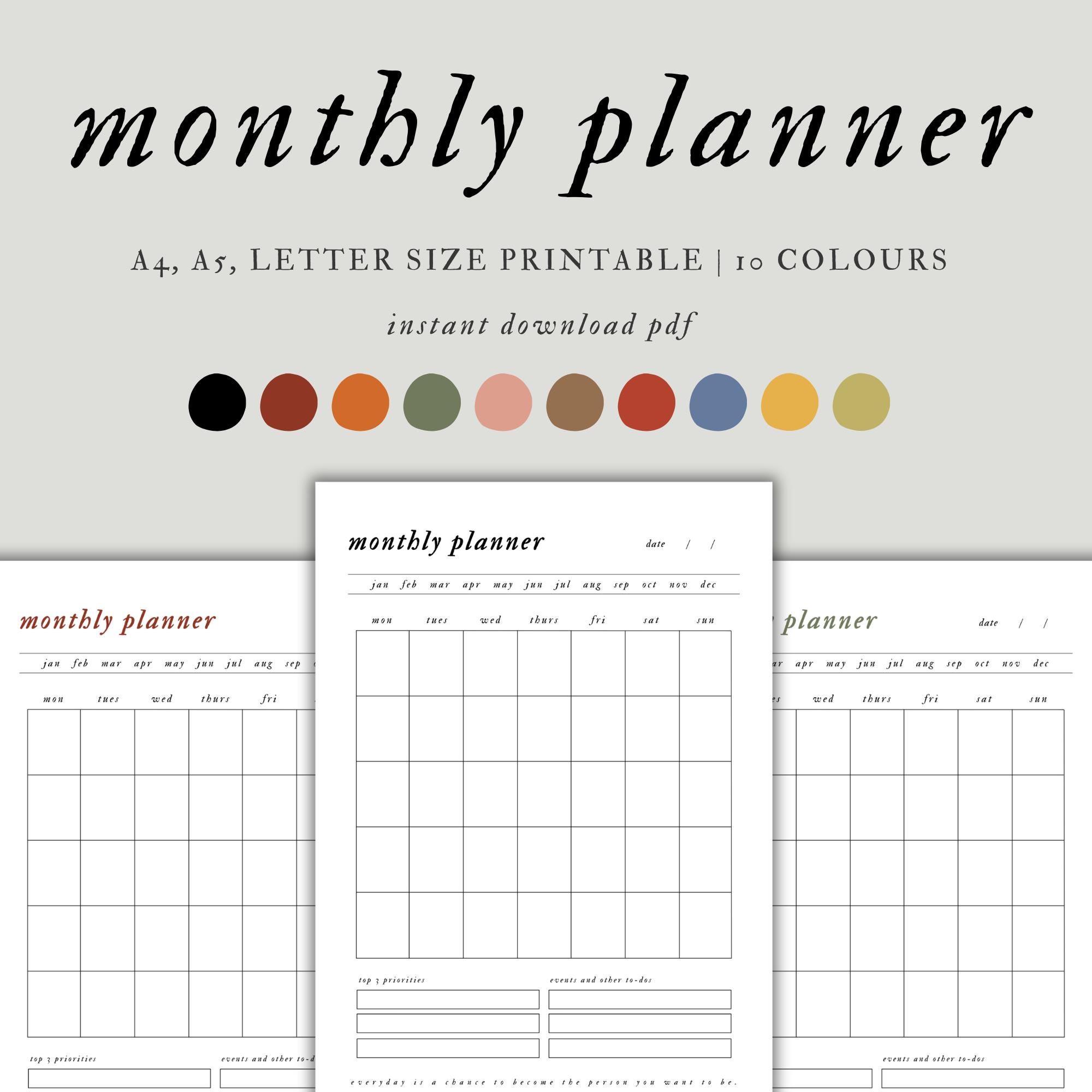 Undated Monthly Planner Printable, Monthly Calendar Printable, Undated ...