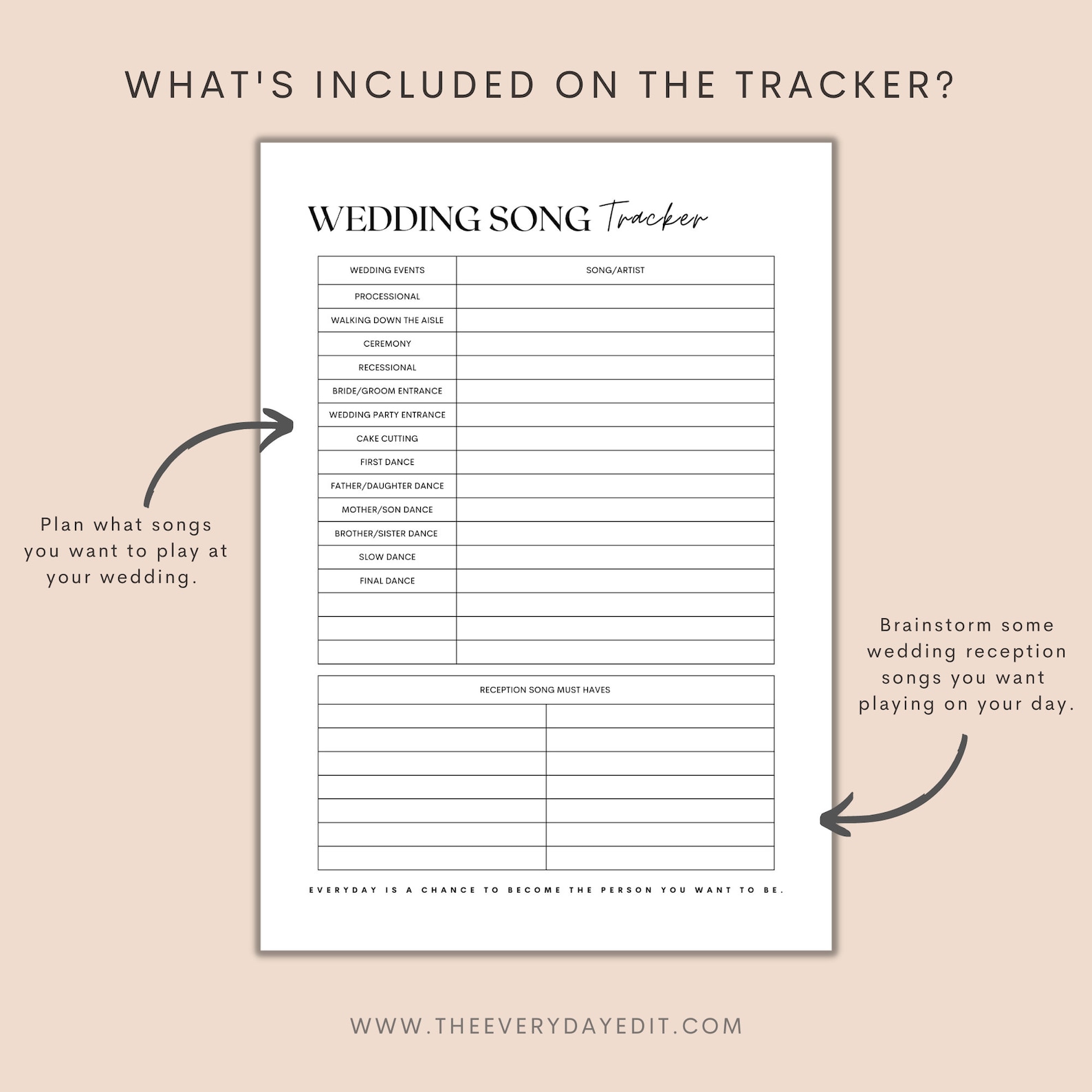 Wedding Song Tracker Printable, Wedding Playlist, Wedding Planner ...