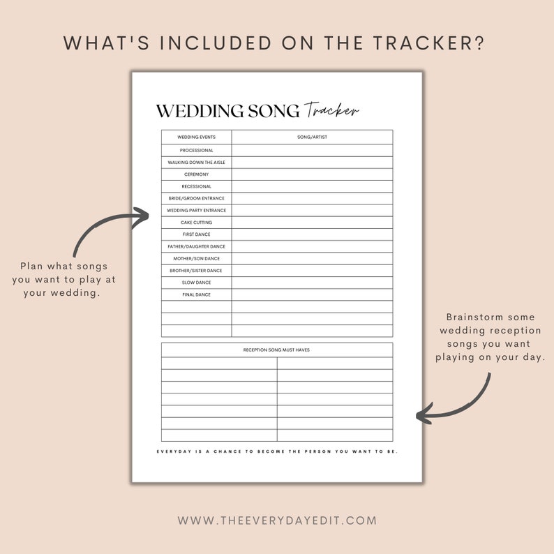 Wedding Song Tracker Printable, Wedding Playlist, Wedding Planner ...