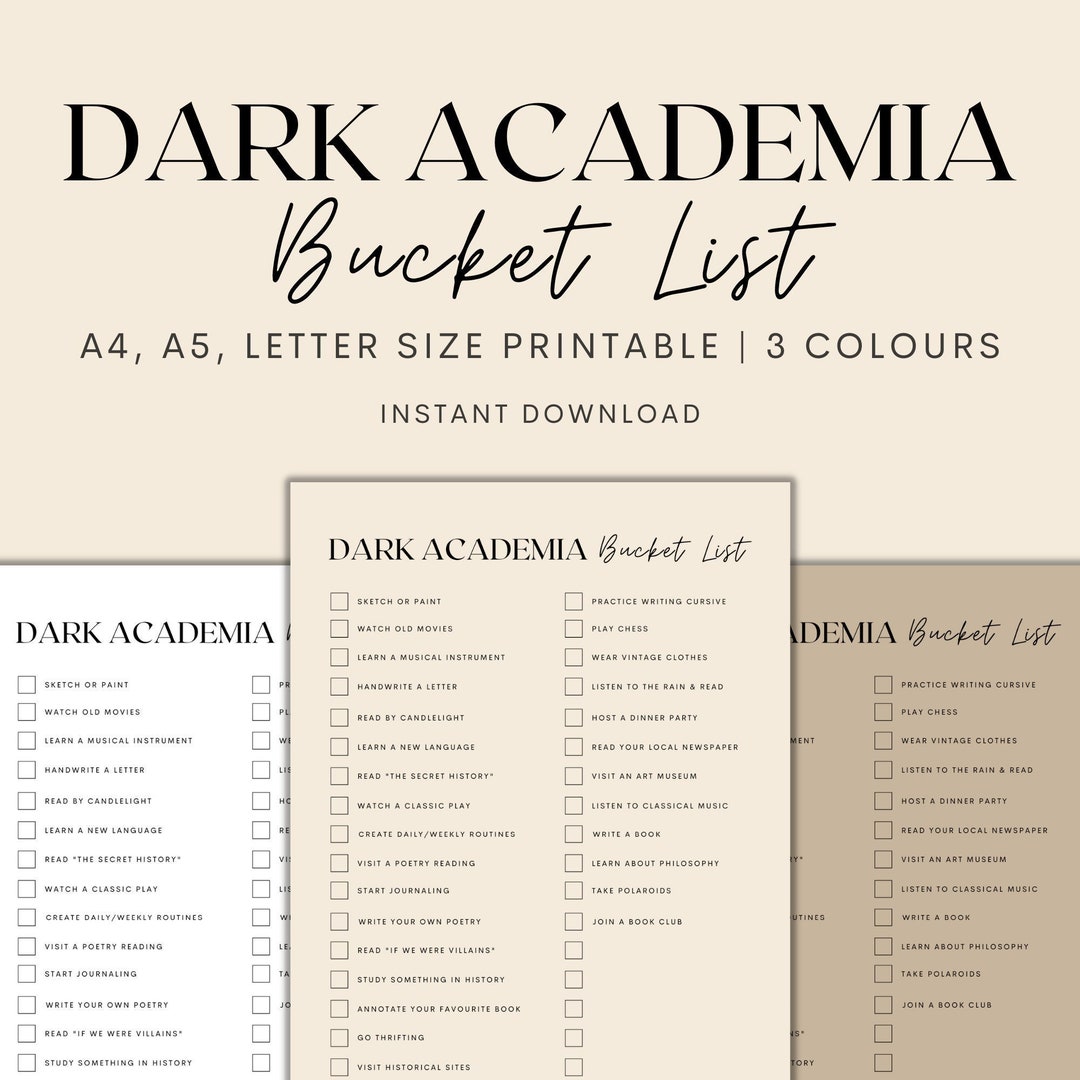 Dark Academia Bucket List Printable, Dark Academia Activities, Dark ...