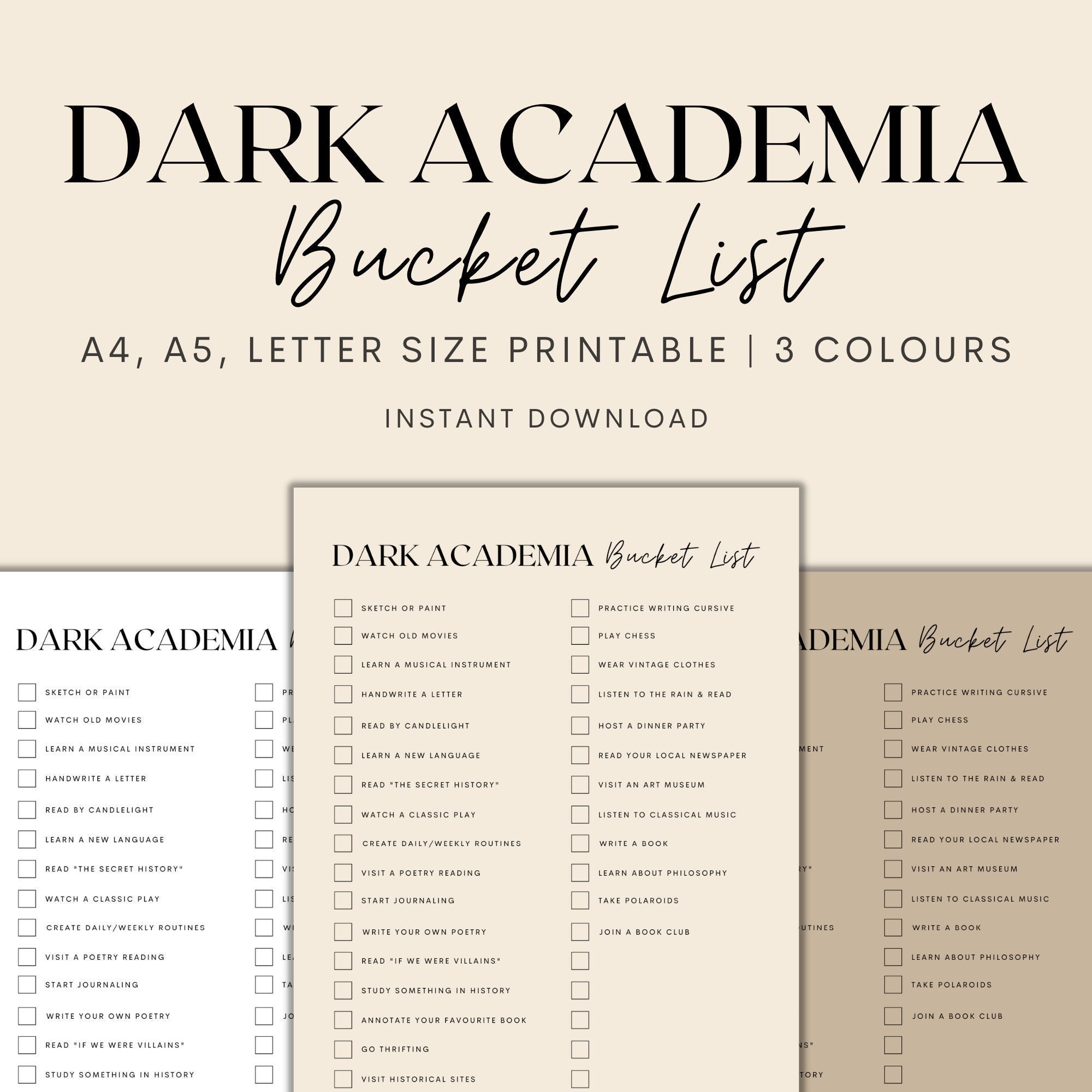 Dark Academia Bucket List Printable, Dark Academia Activities, Dark ...