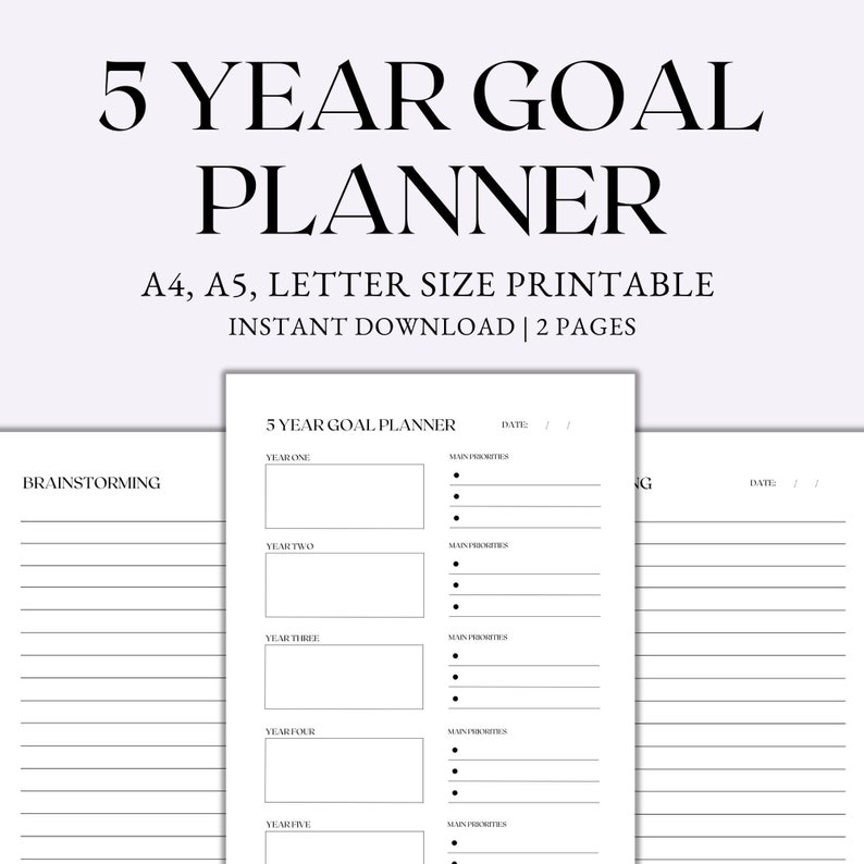 5 Year Goal Planner Printable, Goal Tracker Printable, Productivity ...