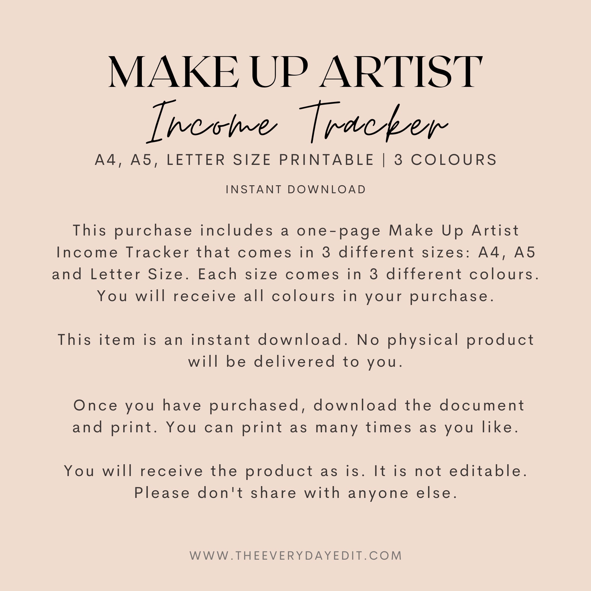 Make up Artist Income Tracker Printable, Make up Artist Forms, Income ...