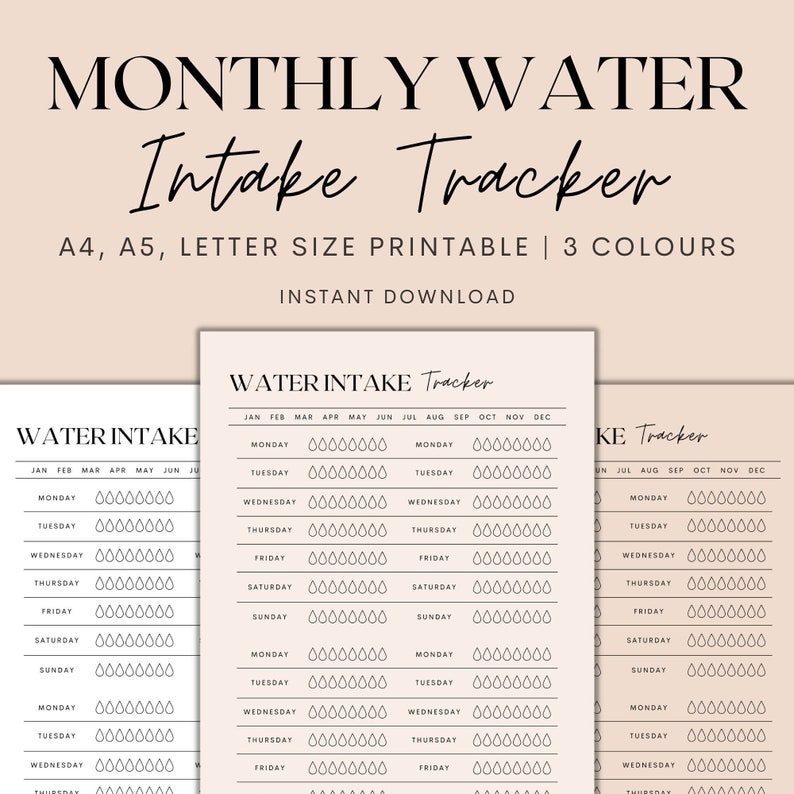 Monthly Water Intake Tracker Printable, Water Tracker, Hydration ...