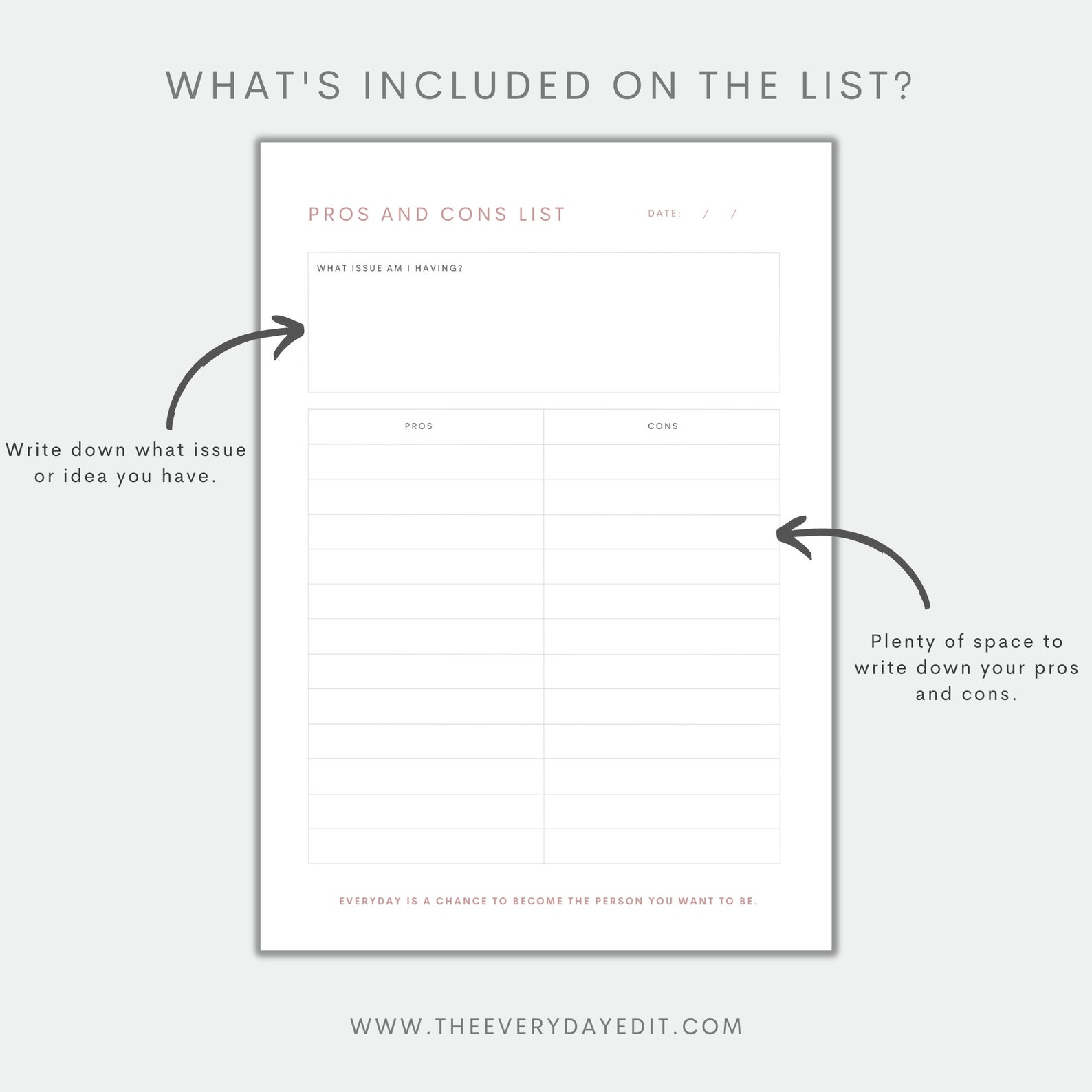 Pros and Cons List Printable, List Template, Planner Insert Printable, Life Planner Printable ...