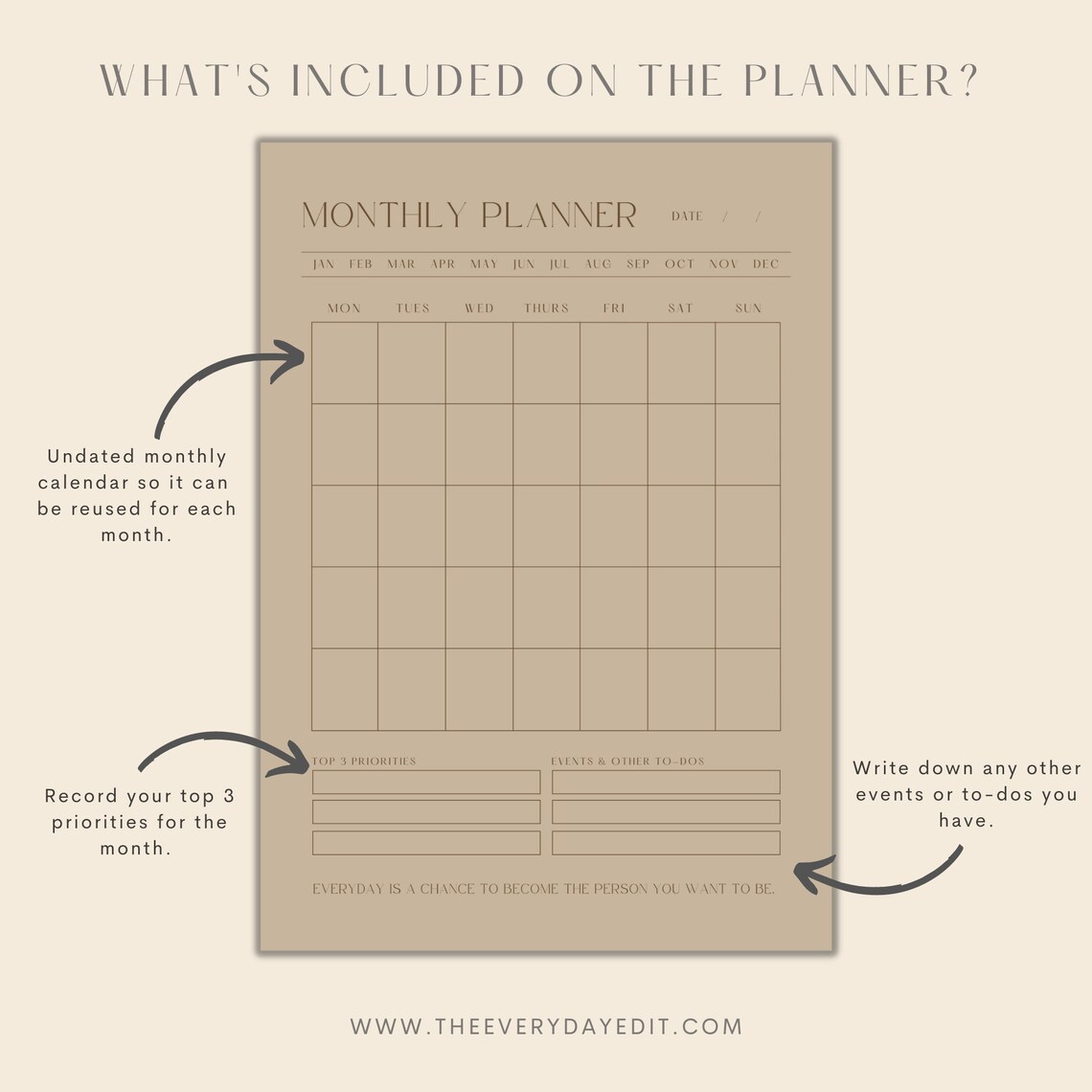 Undated Monthly Planner Printable, Monthly Calendar Printable, Beige ...